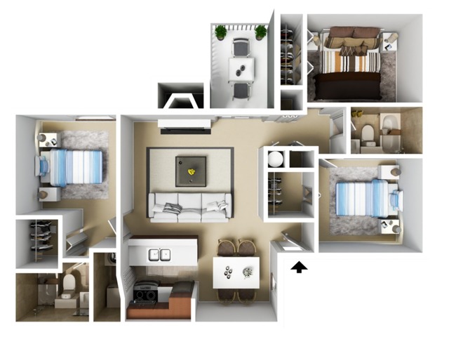 3x2 | 3 Bed Apartment | Deer Run