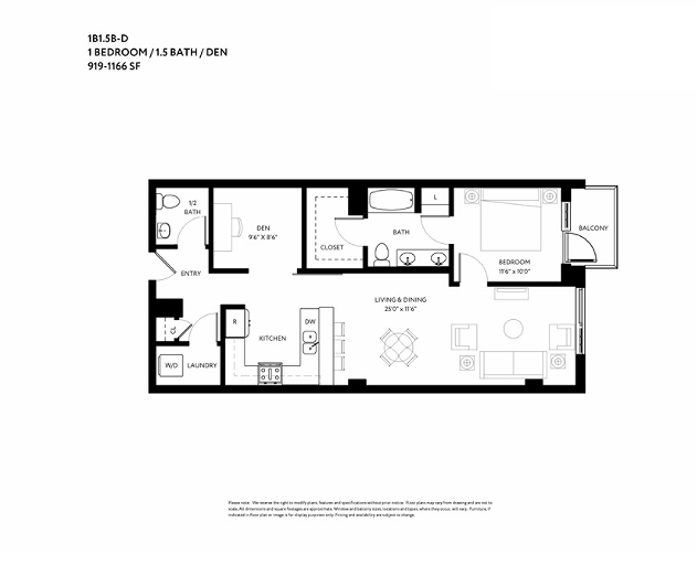 One Bedroom One and a Half Bath - 994 | 1 Bed Apartment | The Windward ...