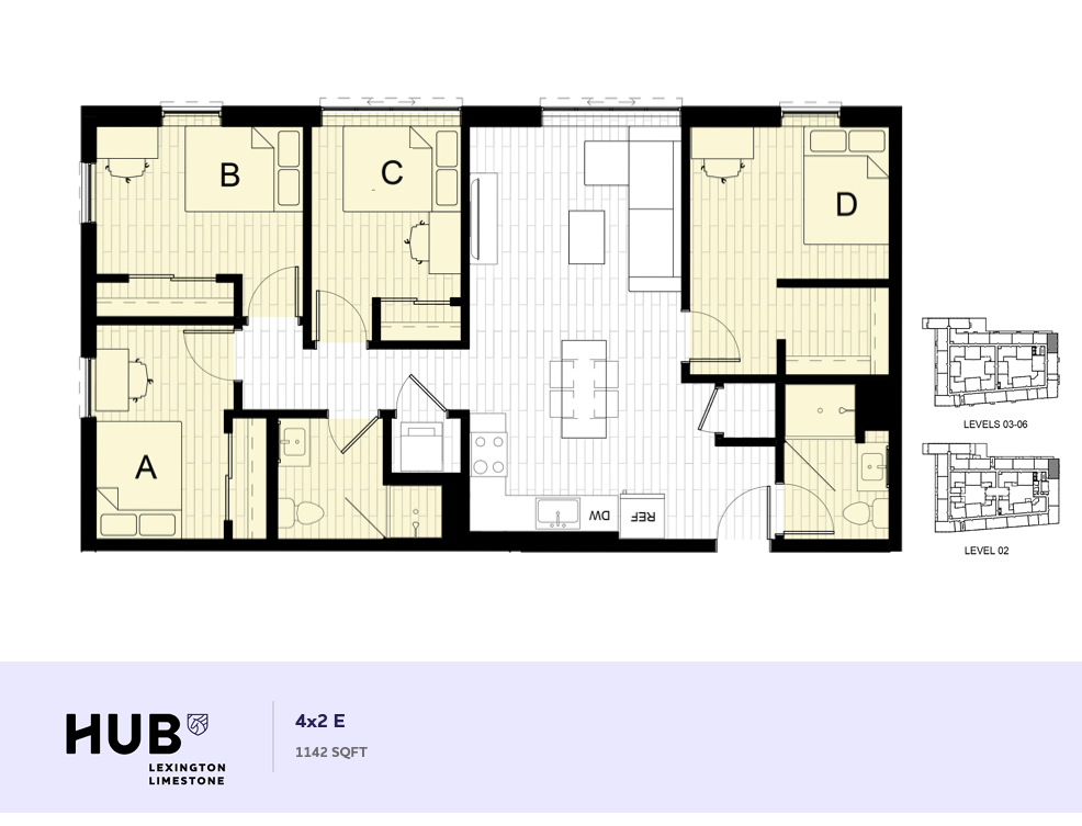 4x2 E | 4 Bed Apartment | Hub Lexington Limestone